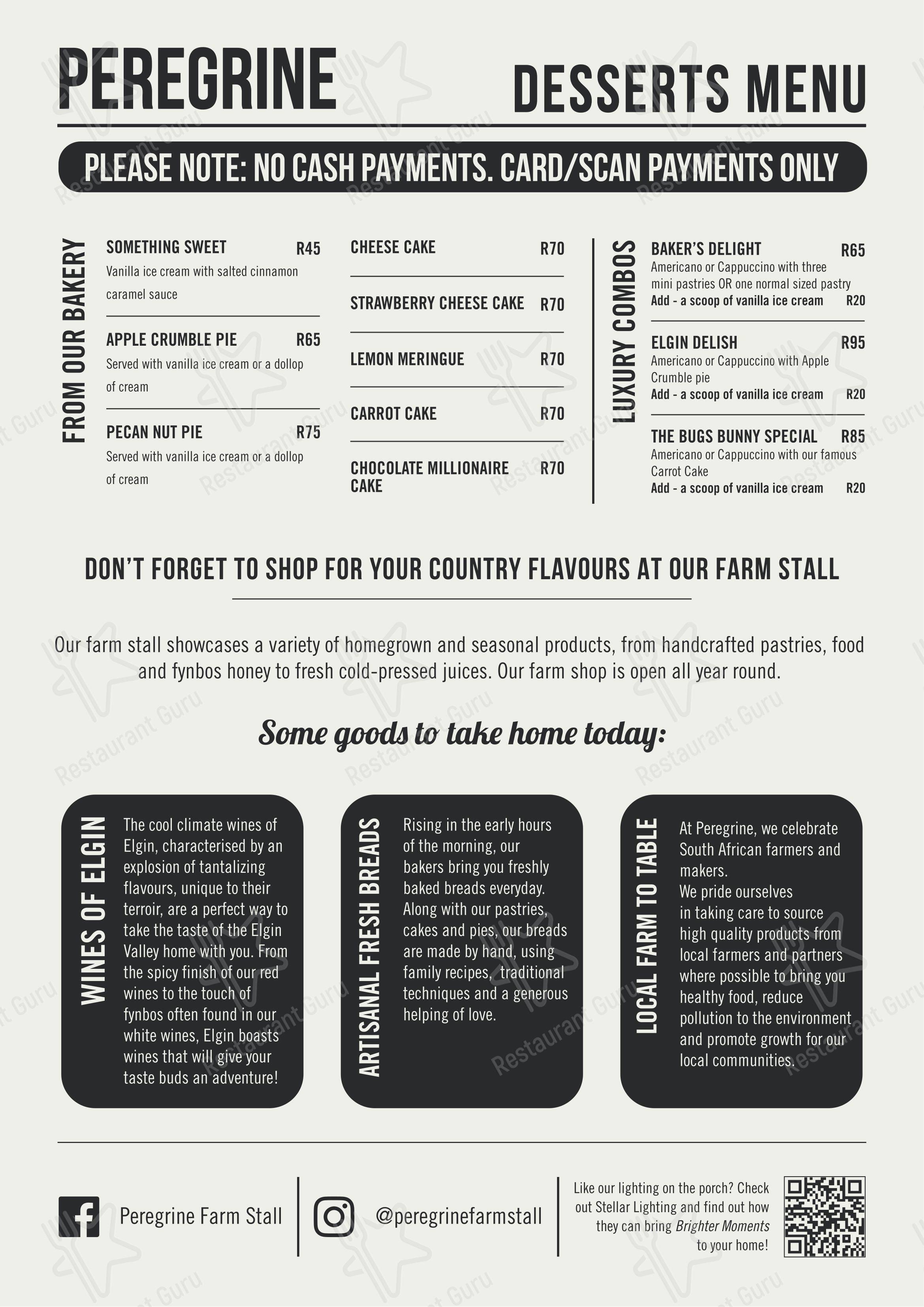 Menu at Peregrine Farm Stall cafe, Grabouw