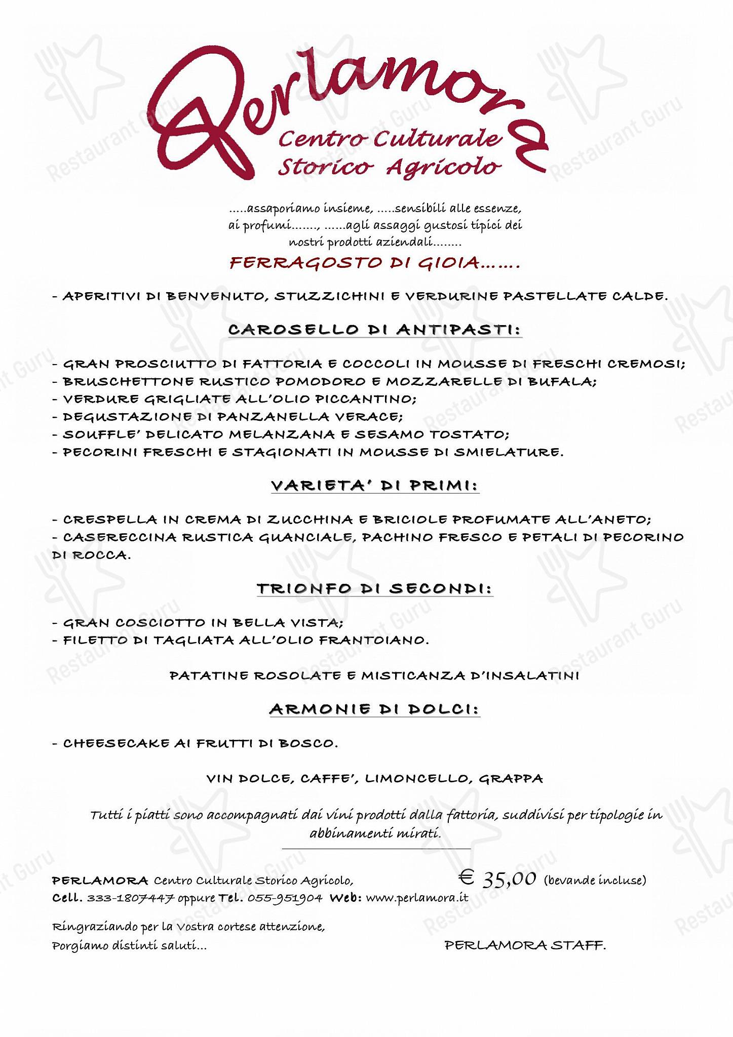 Menu at Perlamora restaurant, Figline Valdarno, Via Golfonaia