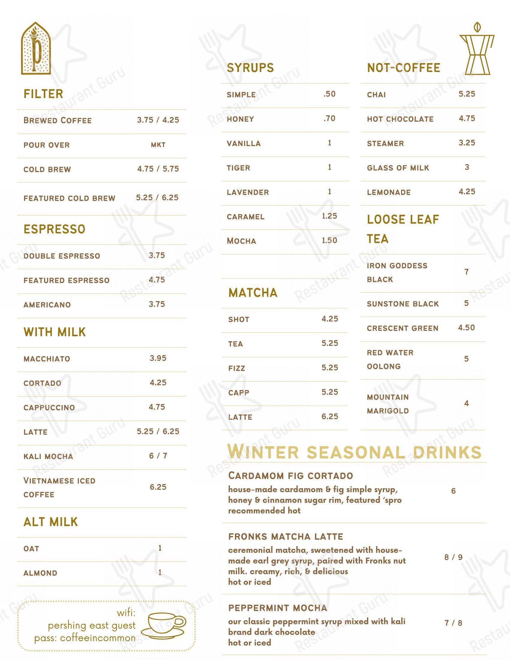 Menu at Pershing East Coffee & Lounge club, Austin