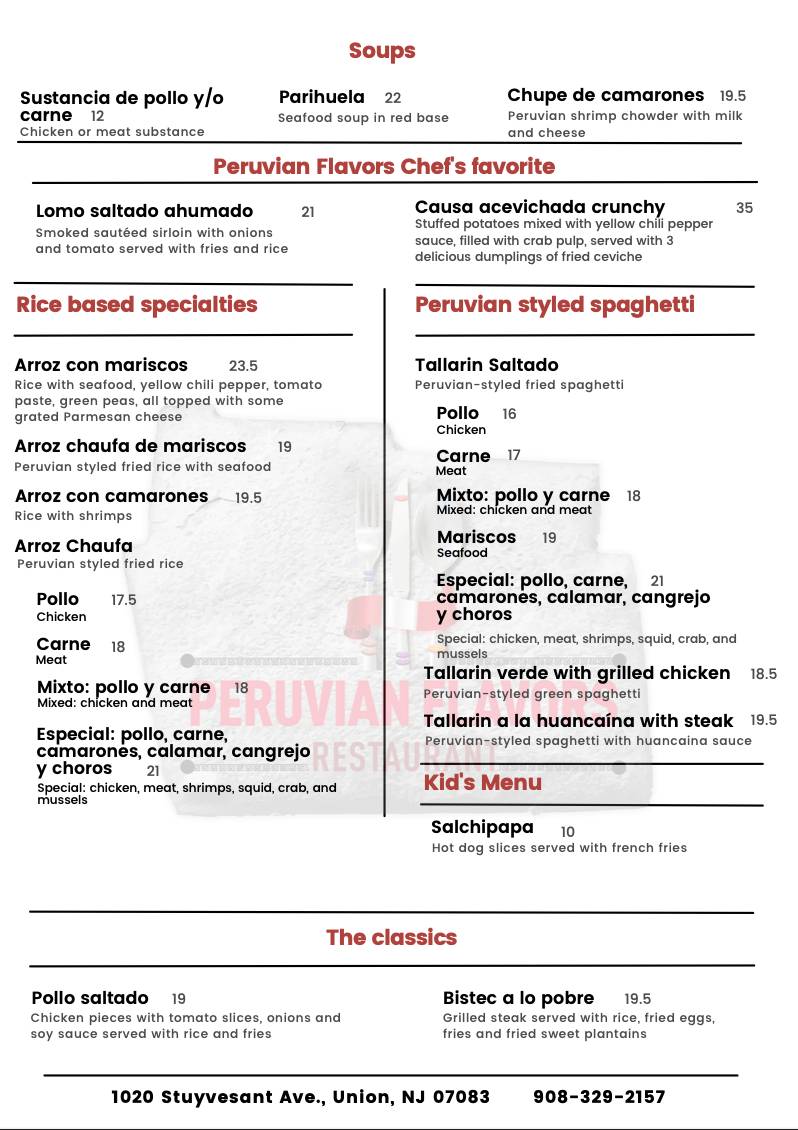 Menu at Peruvian Flavors Restaurant, Union