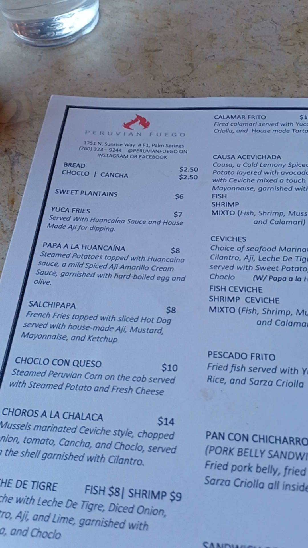 Menu at Peruvian Fuego restaurant, Palm Springs