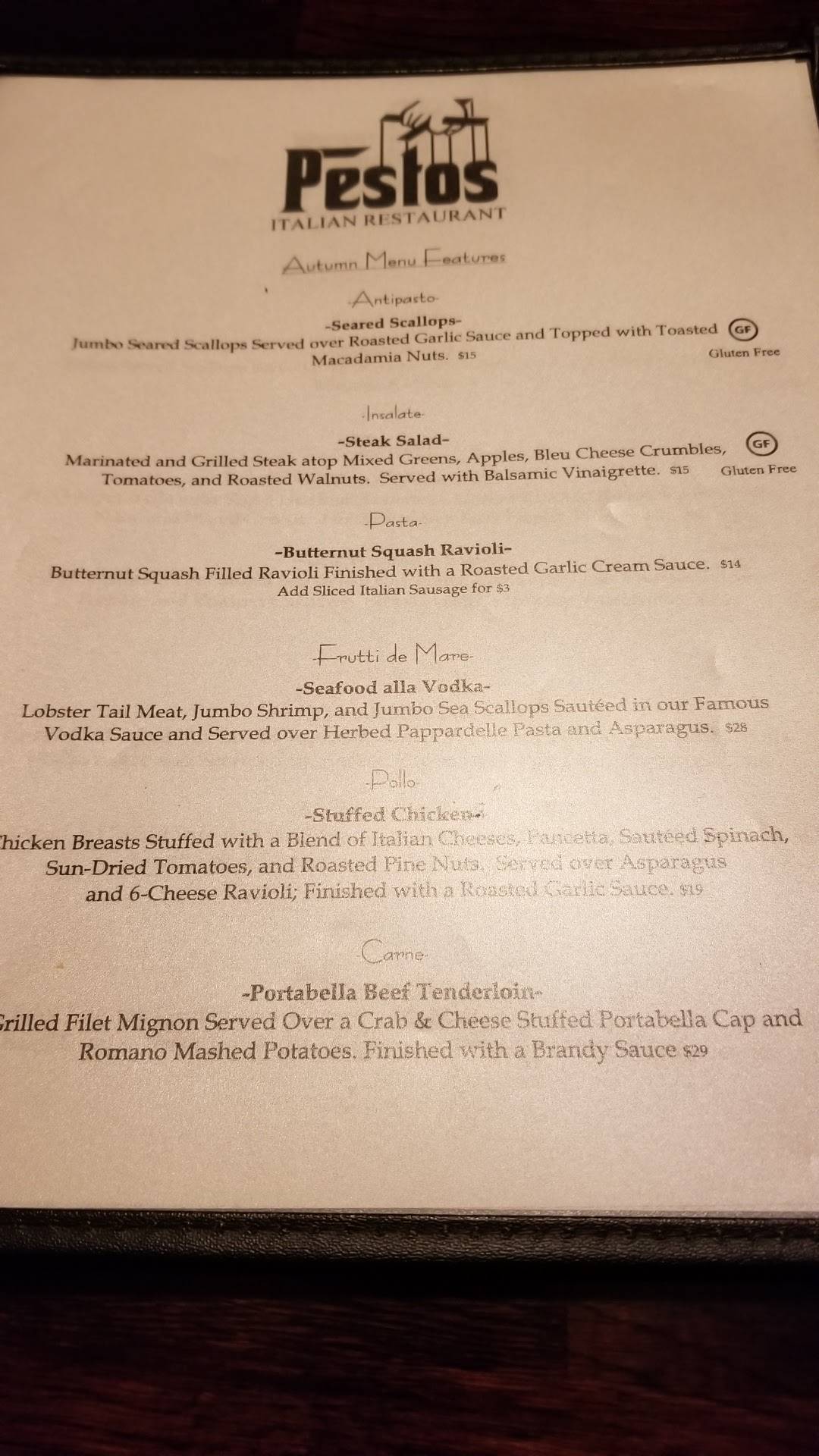 Menu at Pesto's Italian Restaurant, Valparaiso