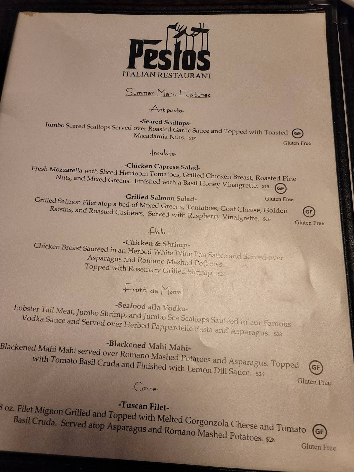 Menu at Pesto's Italian Restaurant, Valparaiso