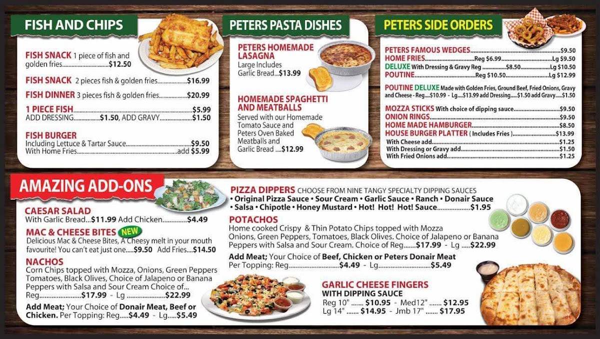 Menu at Peter's Pizza restaurant, Mount Pearl