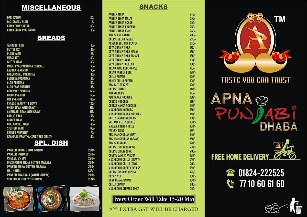 Menu at Apna Punjabi Dhaba, Phagwara