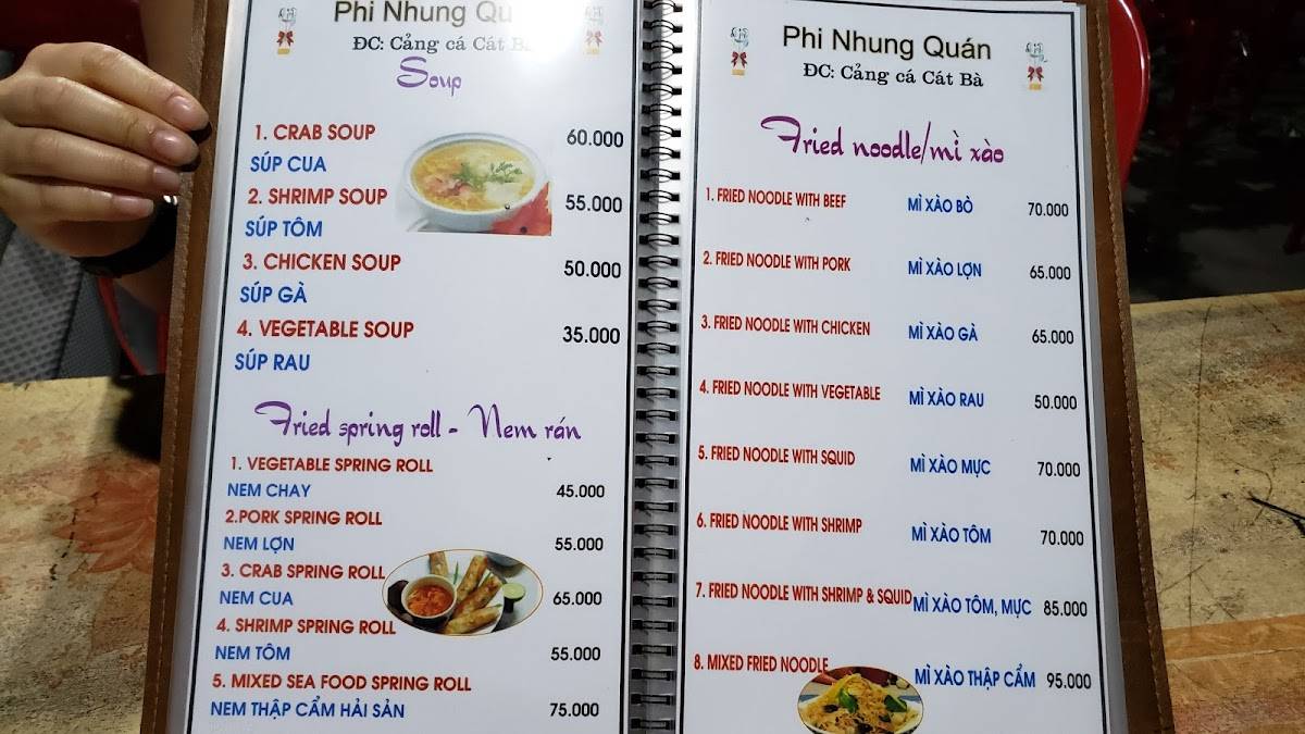 Menu at Phi Nhung Quán restaurant, Vietnam