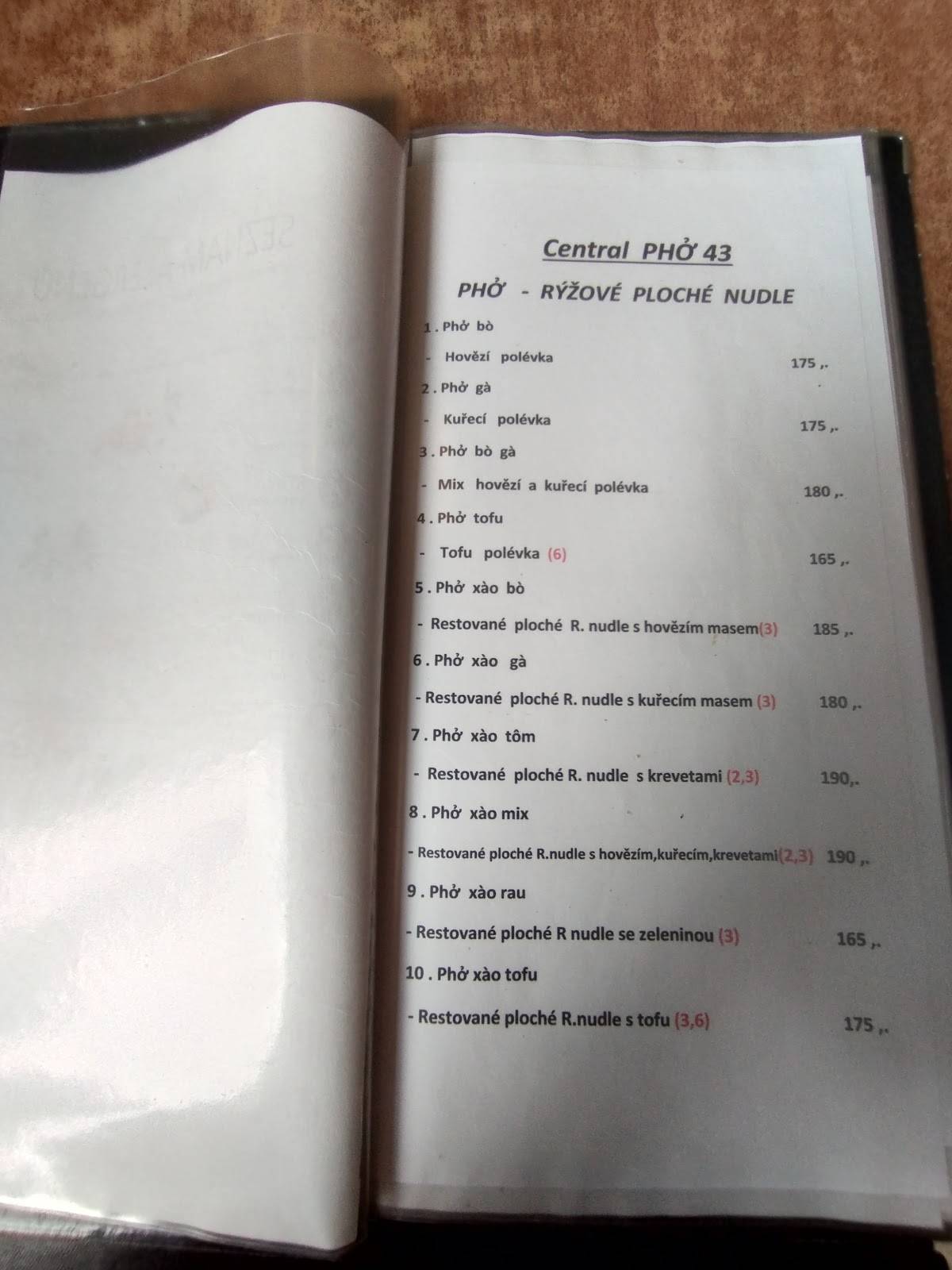 Menu at Pho 43 restaurant, Brno