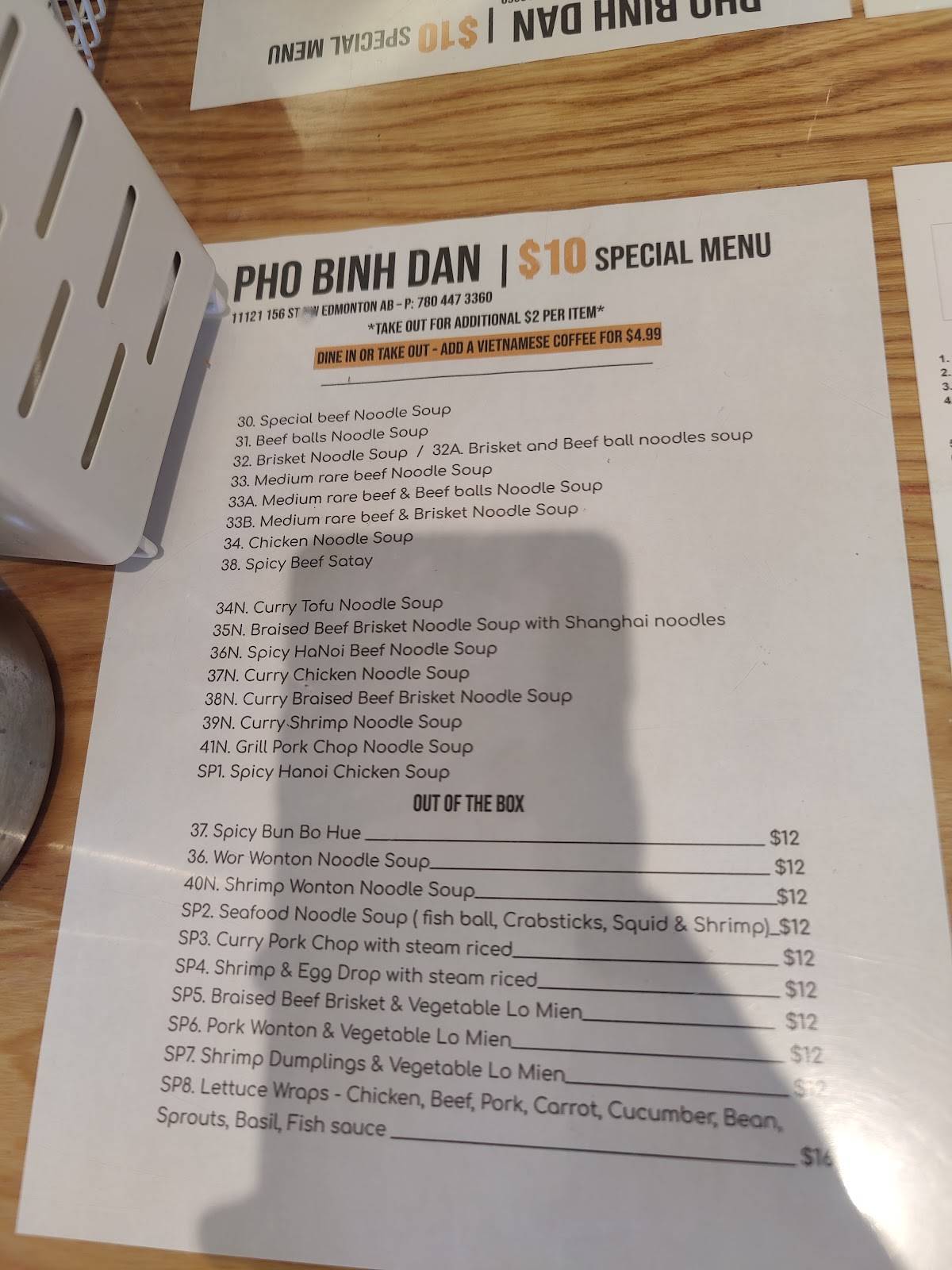 Menu at Pho Binh Dan restaurant, Edmonton, 156 St NW Unit 201