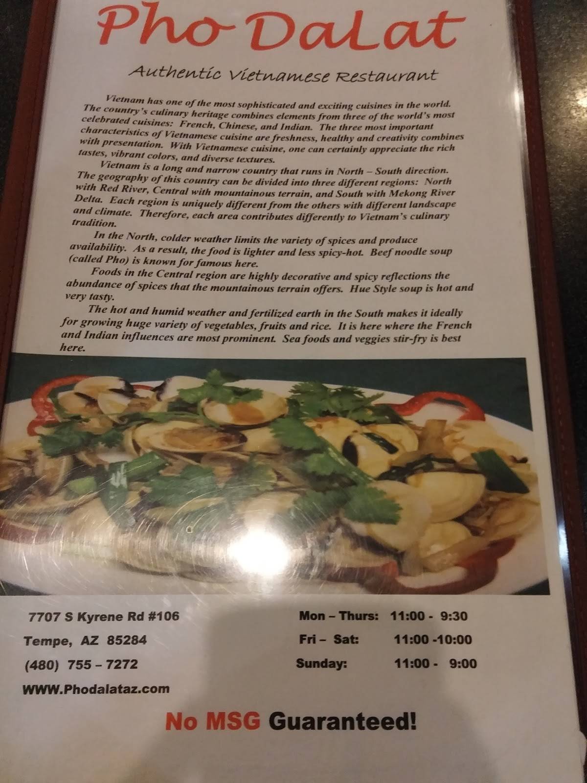 Menu at Pho Dalat Authentic Vietnamese Restaurant, Tempe