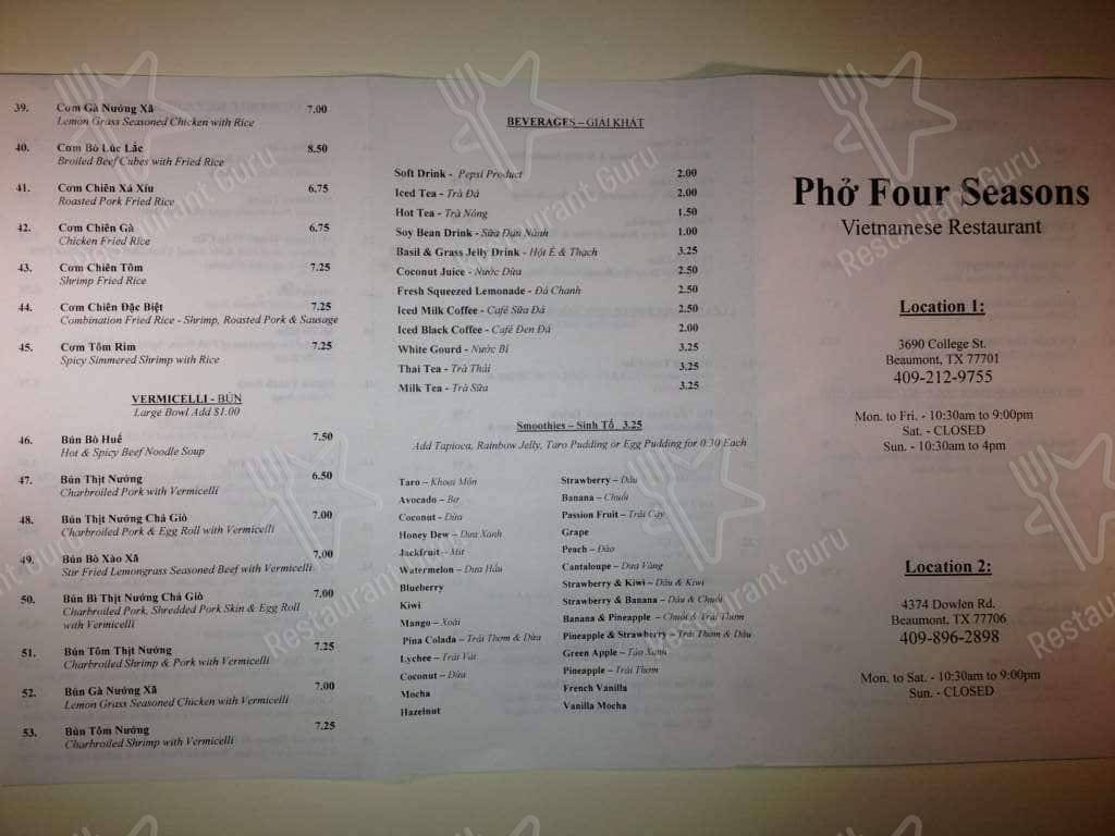 Menu at Pho Four Seasons restaurant, Beaumont, College St