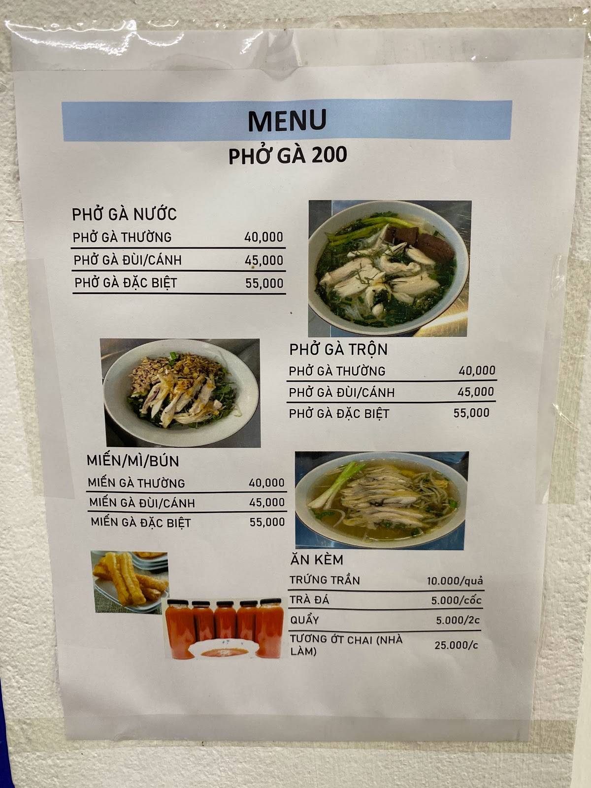 Menu at Phở Gà 200 restaurant, Hanoi