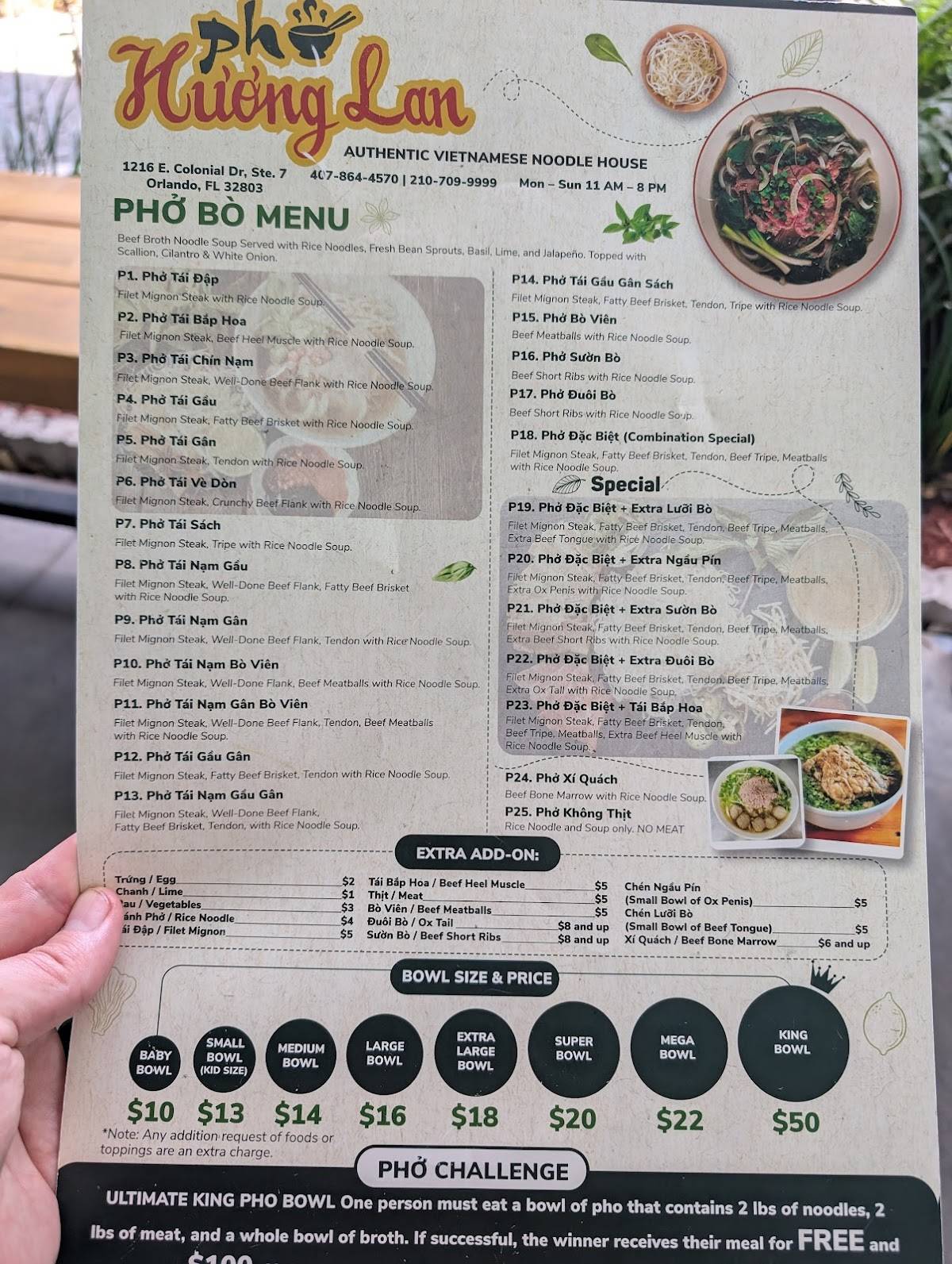 Menu at Pho Huong Lan restaurant, Orlando