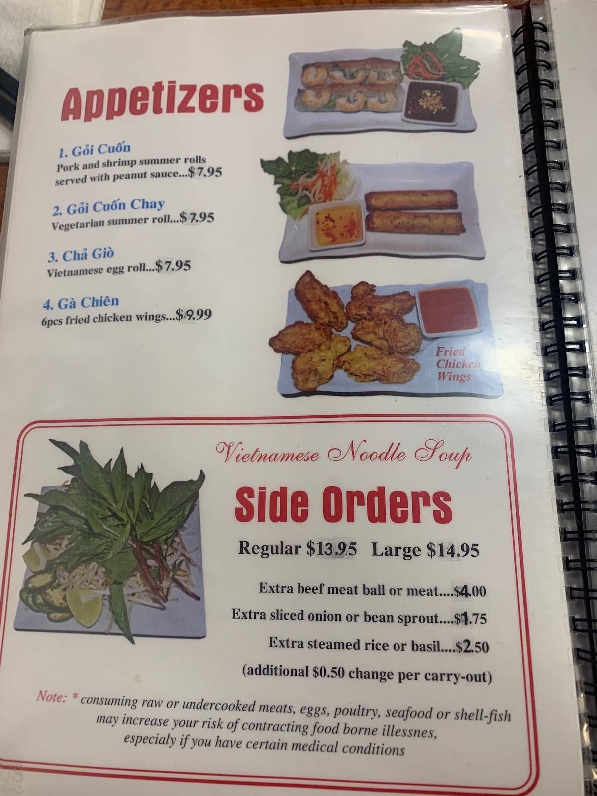 Menu at Pho Kevin restaurant, Laurel