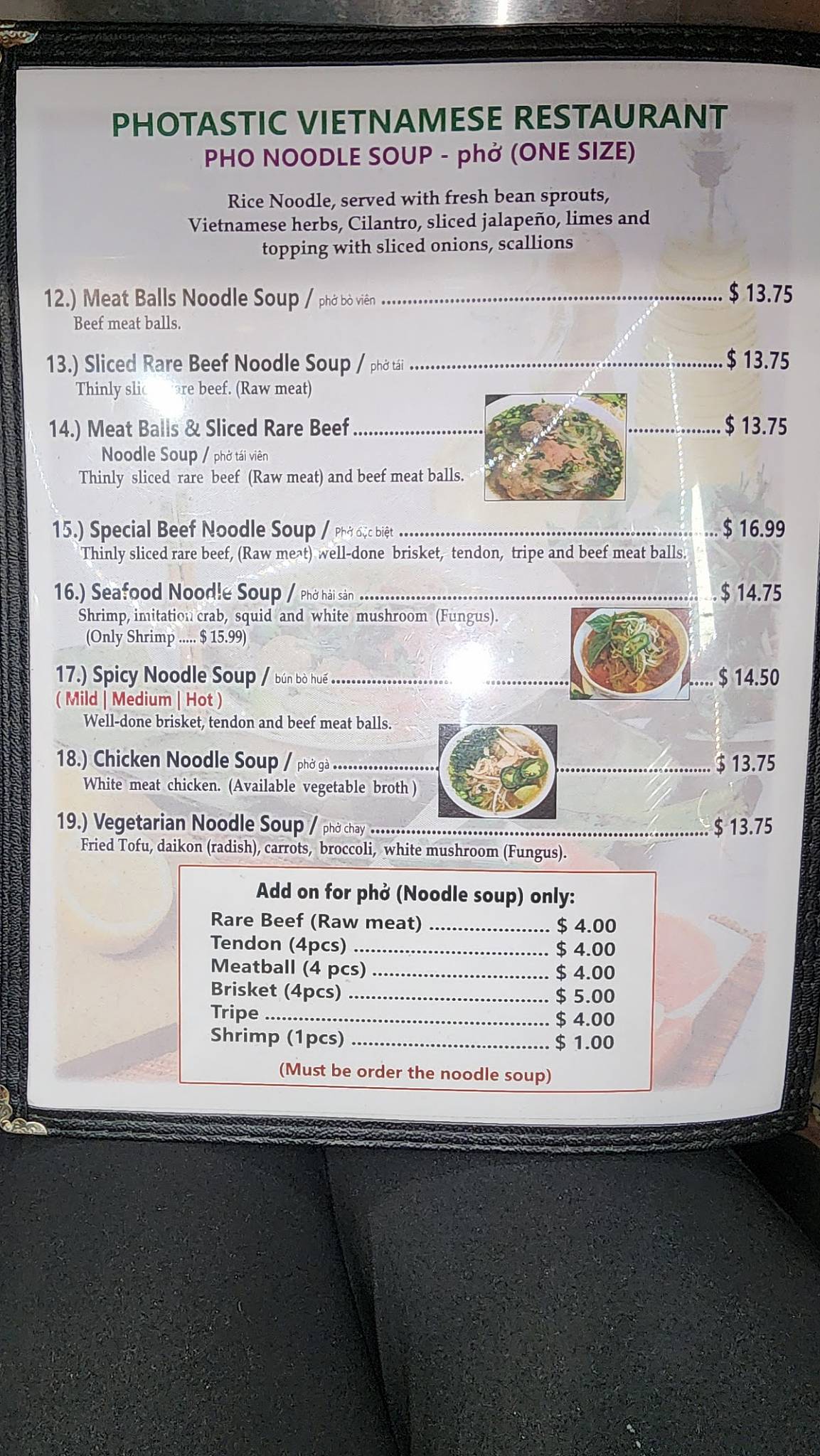 Menu at Phở Photastic Vietnamese Noodle Soup restaurant, Vero Beach