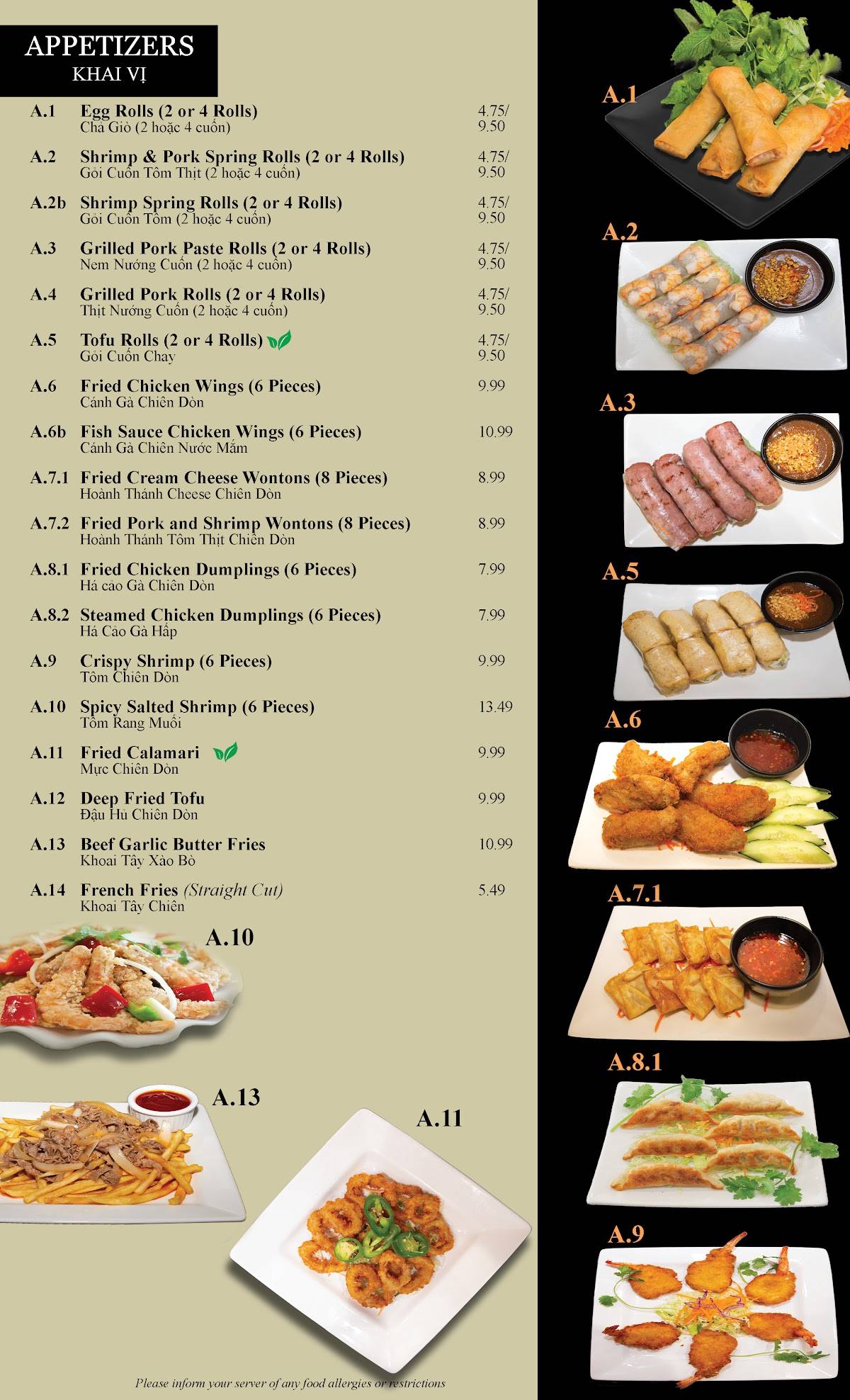Menu at Pho Rex restaurant, Corona