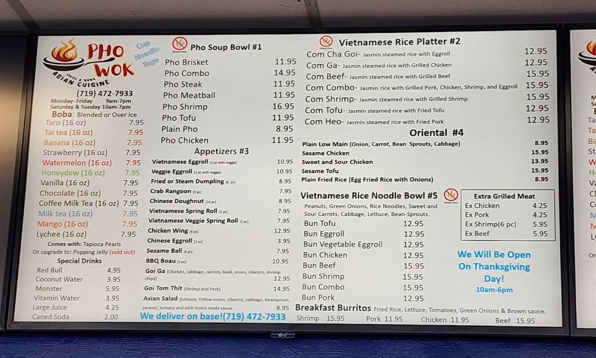 Menu at Pho Wok restaurant, U.S. Air Force Academy
