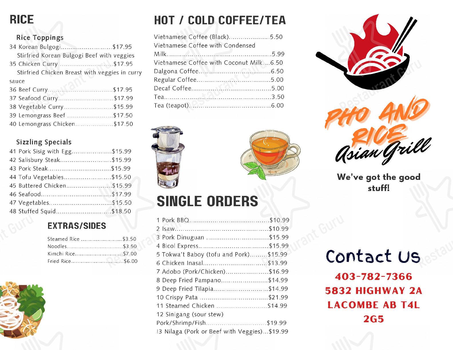 Menu at Pho and Rice Lacombe restaurant, Lacombe