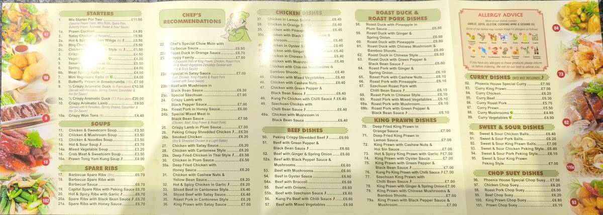 Menu at Phoenix House restaurant, Thetford