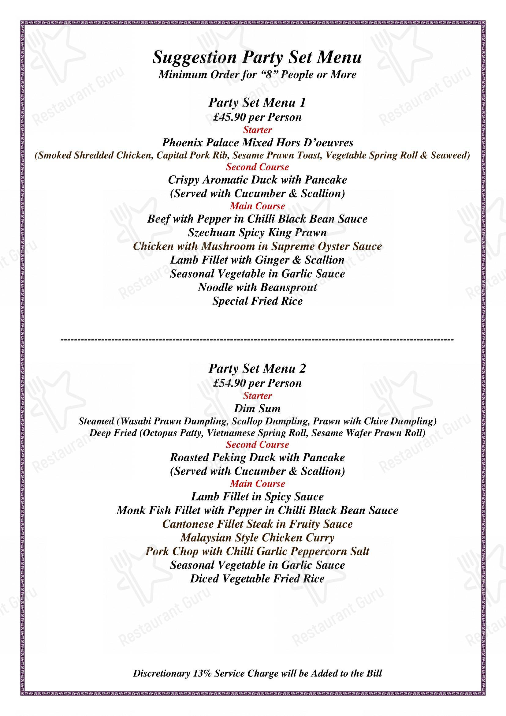 Menu at Phoenix Palace restaurant, London, 5-9 Glentworth St