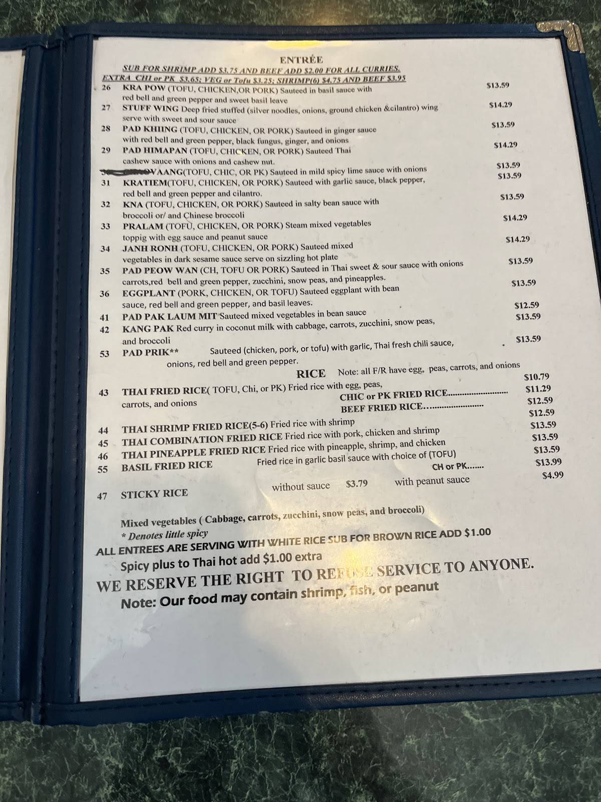 Menu at Phuket Thai Café restaurant, Mount Shasta