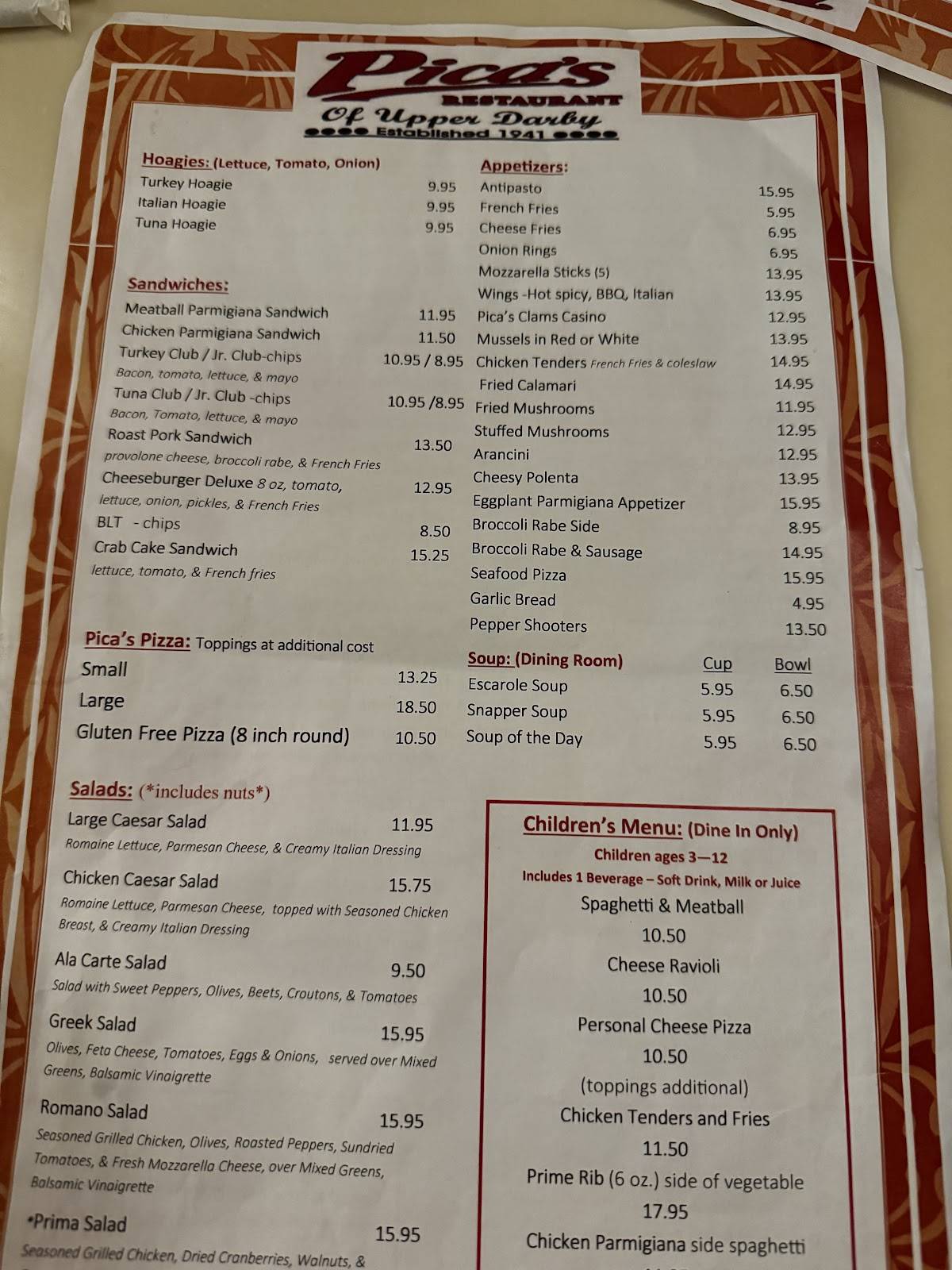 Menu at Pica's Restaurant of Upper Darby, Upper Darby