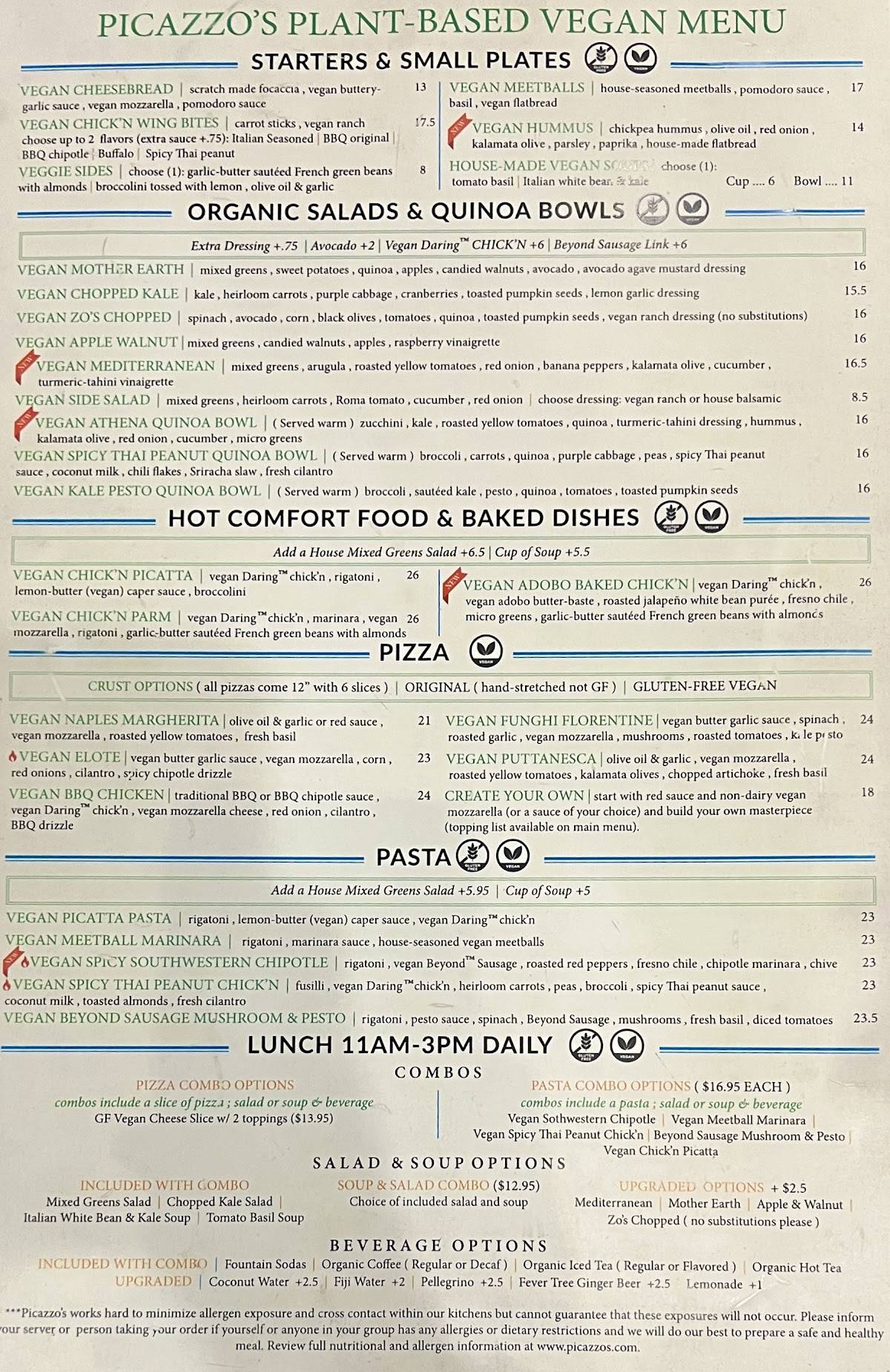 Menu at Picazzo's Healthy Italian Kitchen pizzeria, Scottsdale