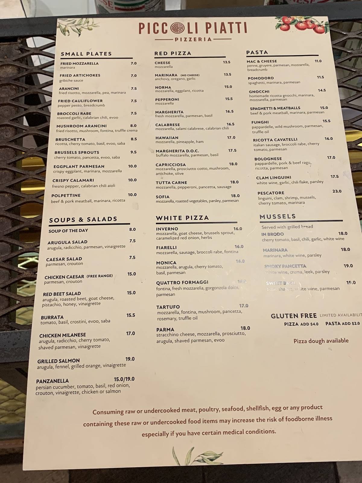 Menu at Piccoli Piatti Pizzeria, Bethesda