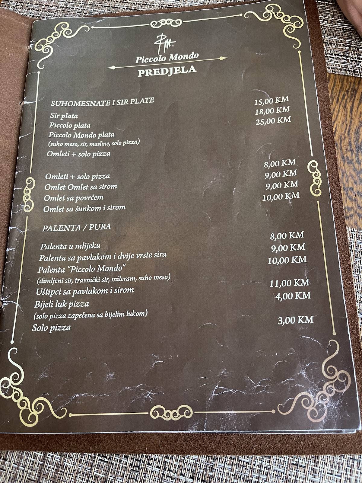 Menu at Piccolo Mondo restaurant, Sarajevo, Kotromanića 5
