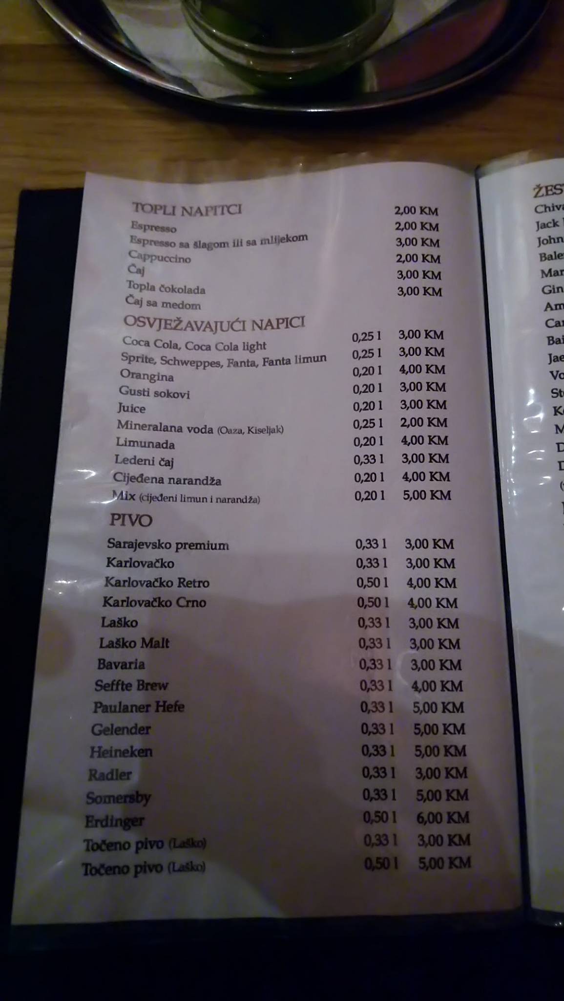 Menu at Piccolo Mondo restaurant, Sarajevo, Kotromanića 5