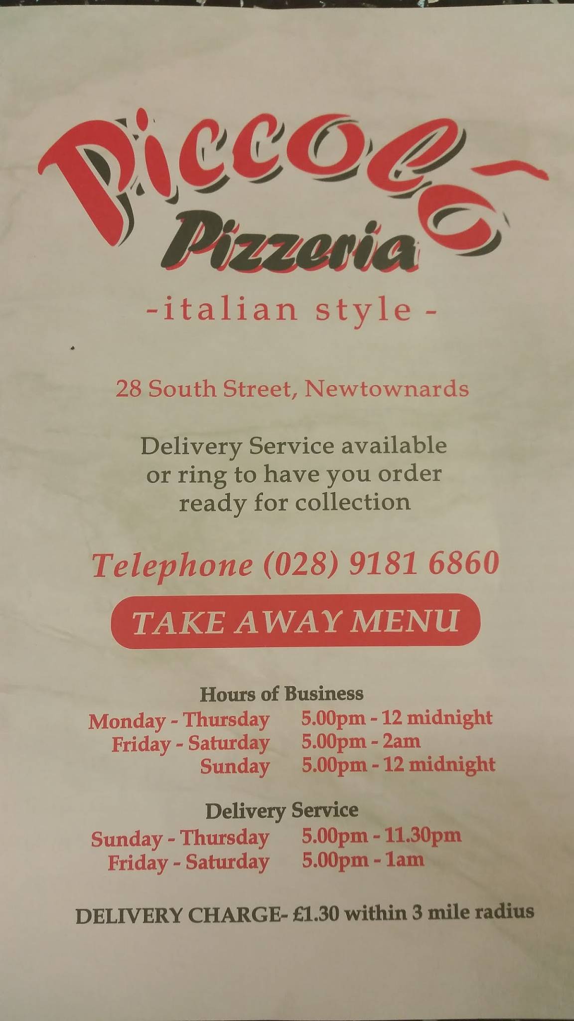 Menu at Piccolo Pizzeria, Newtownards