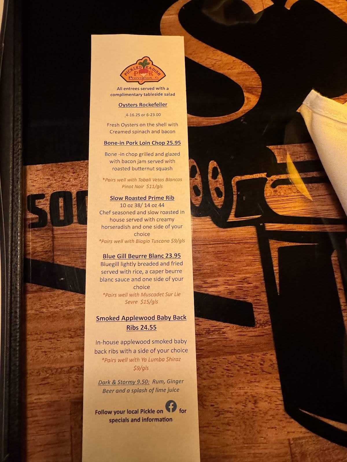 Menu at Pickled Radish Provision Company steakhouse, Eureka