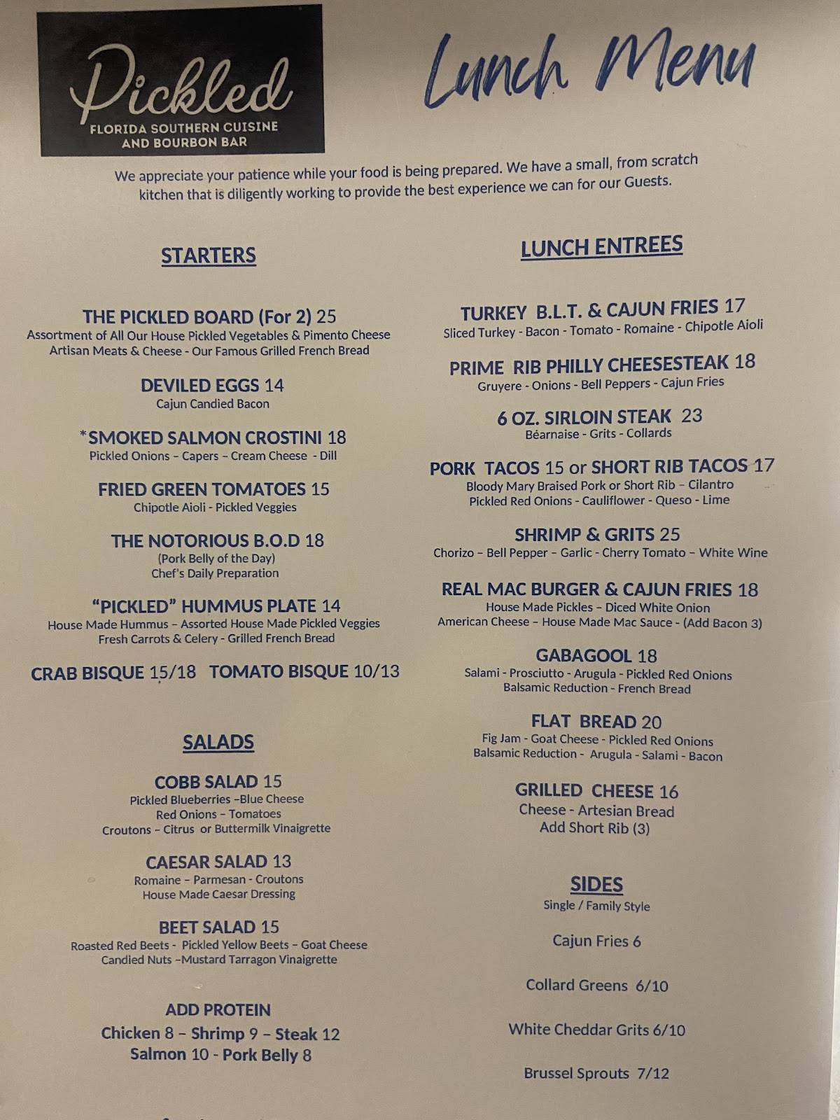 Menu at Pickled Restaurant & Bourbon Bar, Fort Pierce