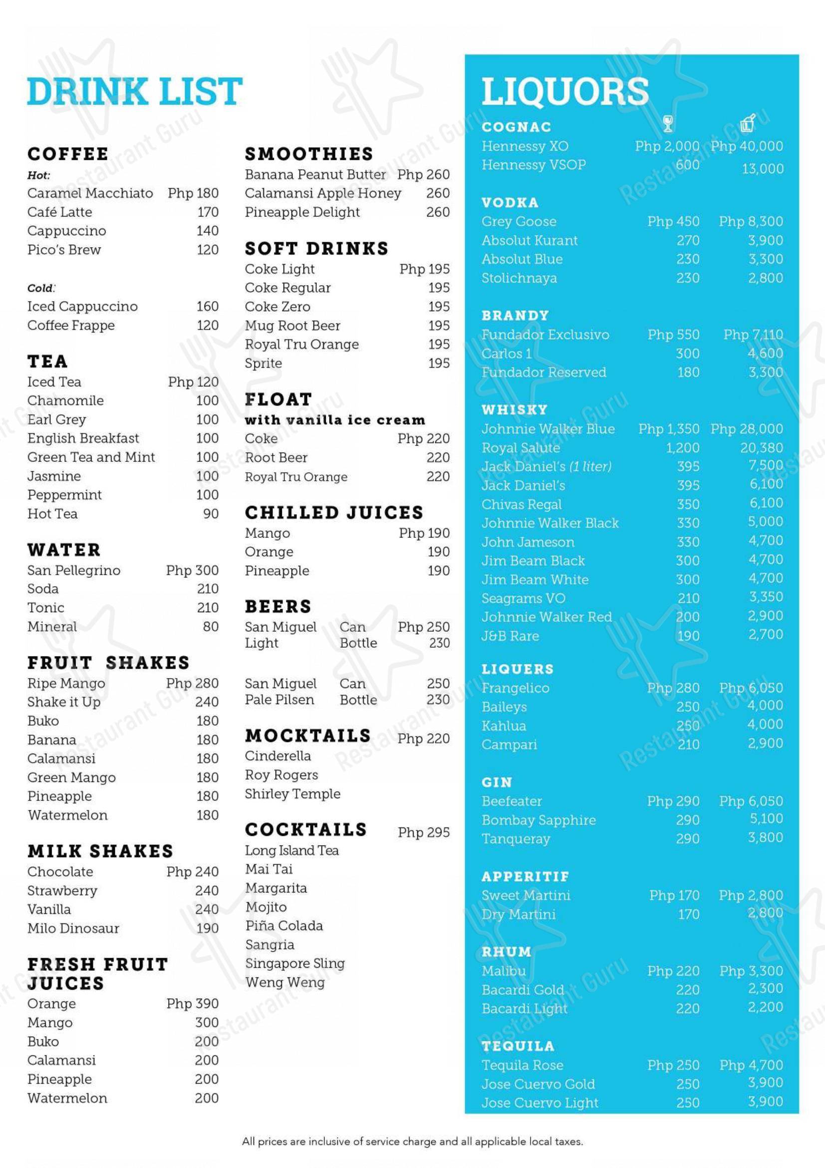 Menu at Pico Bar, Nasugbu