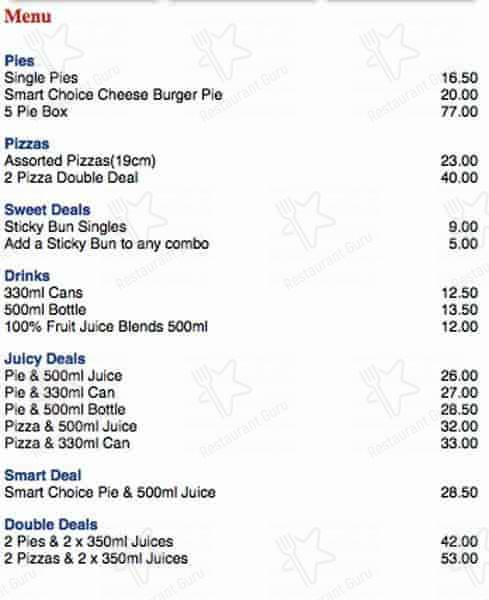 Menu at Pie City fast food, Pretoria, Shop 105