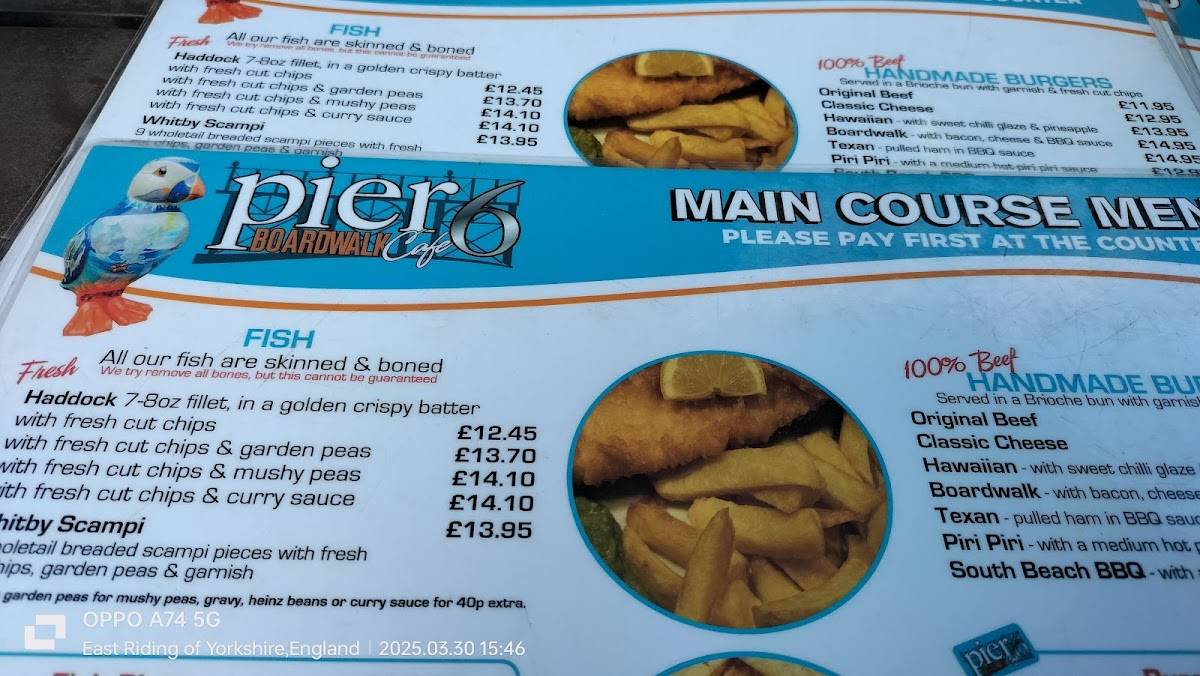 Menu at Pier 6 Boardwalk Cafe, Bridlington