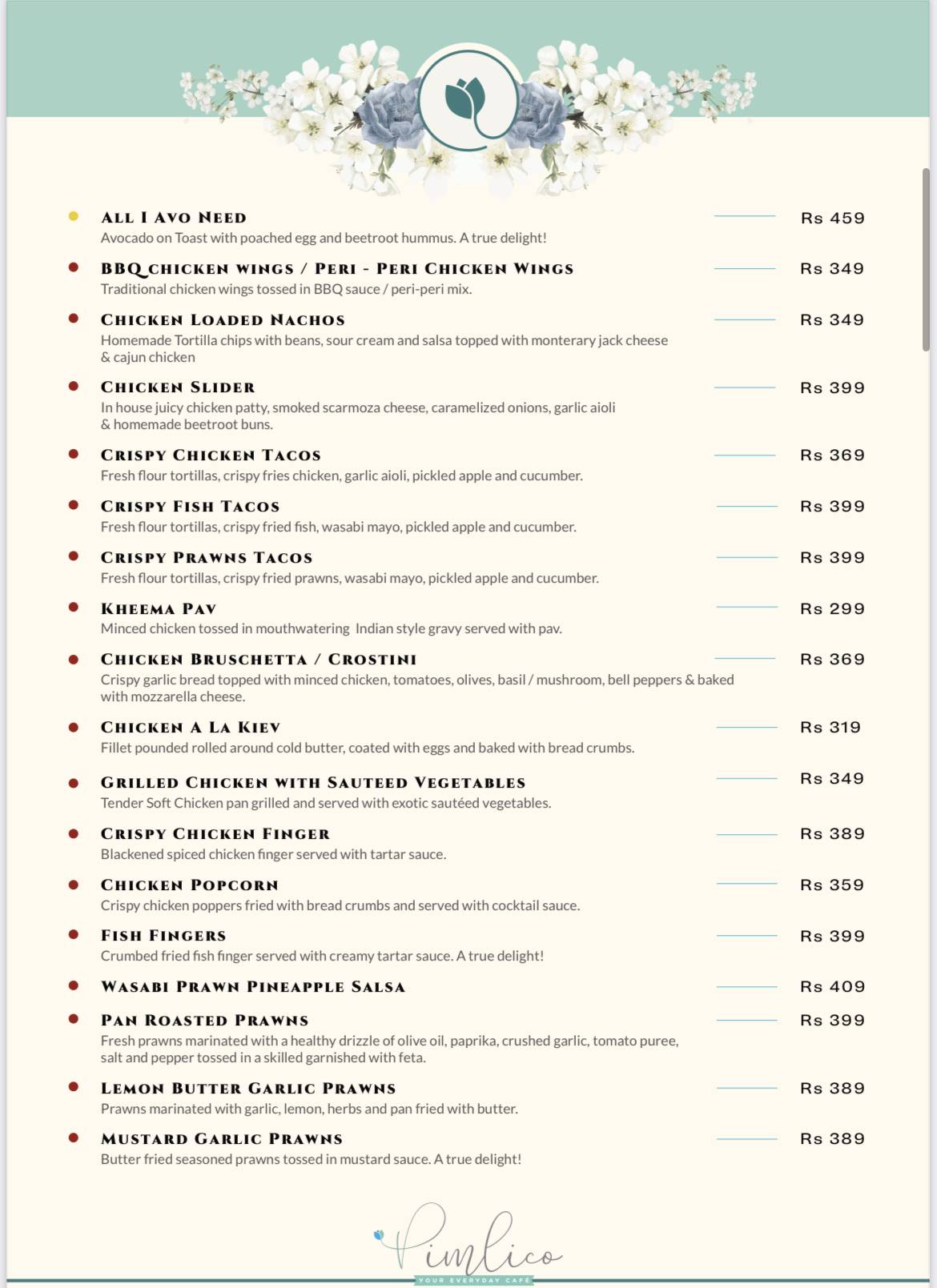 Menu at Pimlico, NIBM, Pune Menu at Pimlico, NIBM, Pune