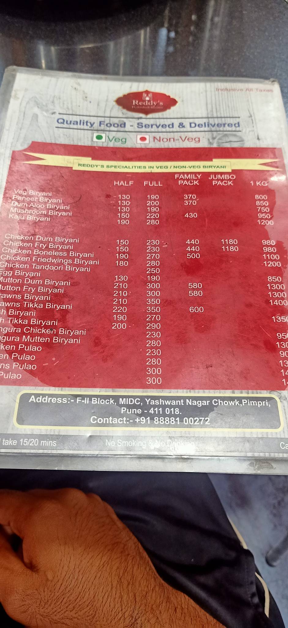 Menu at Reddy's Hyderabadi Biryanis, Pimpri-Chinchwad, Before wonder cars