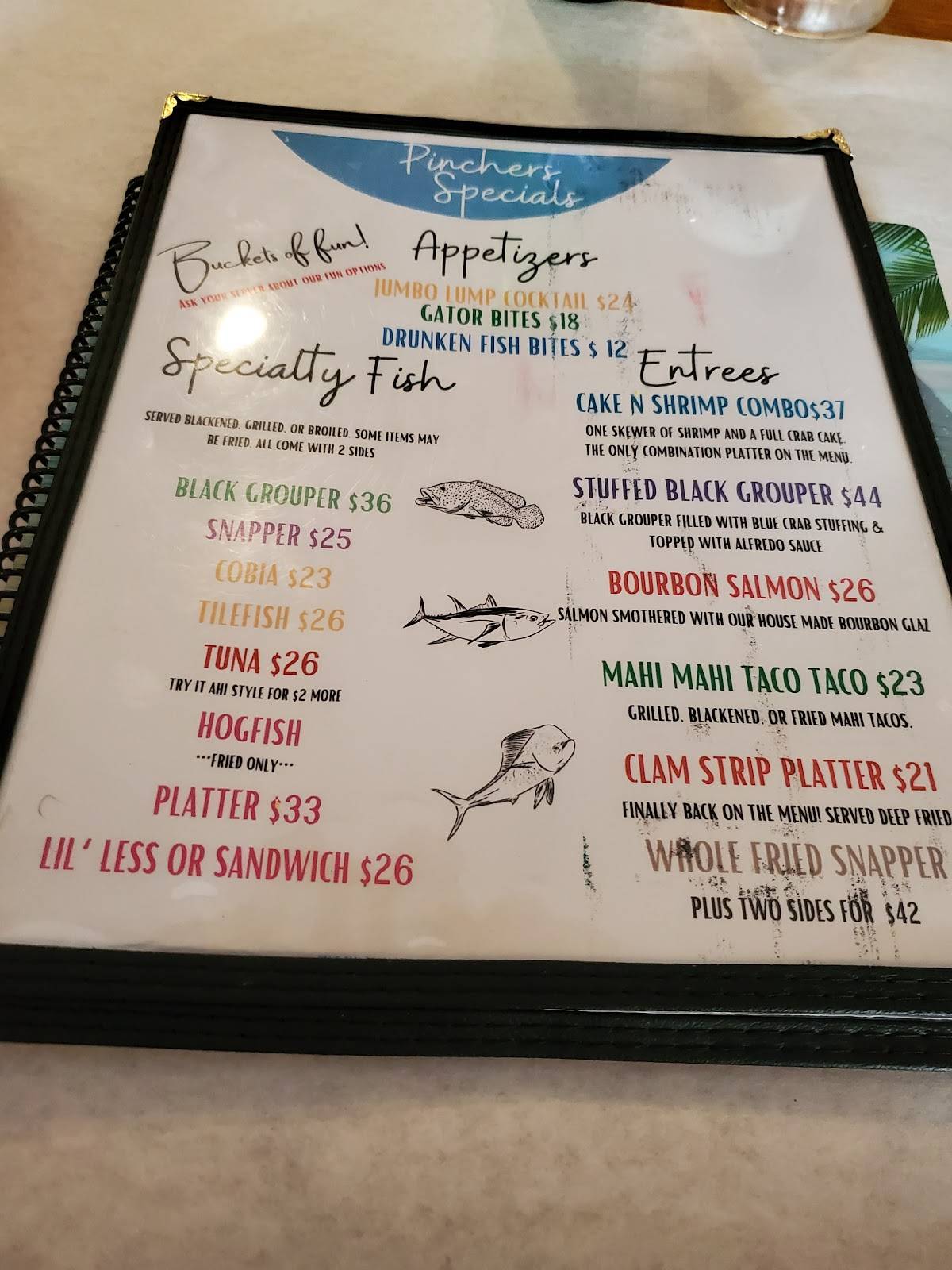 Menu at Pinchers restaurant, Marco Island