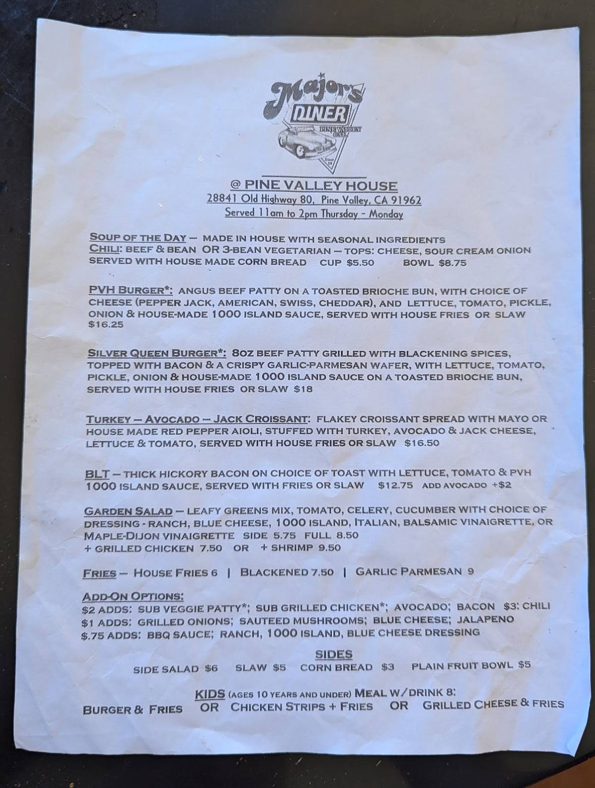 Menu at Pine Valley House Resort restaurant, Pine Valley