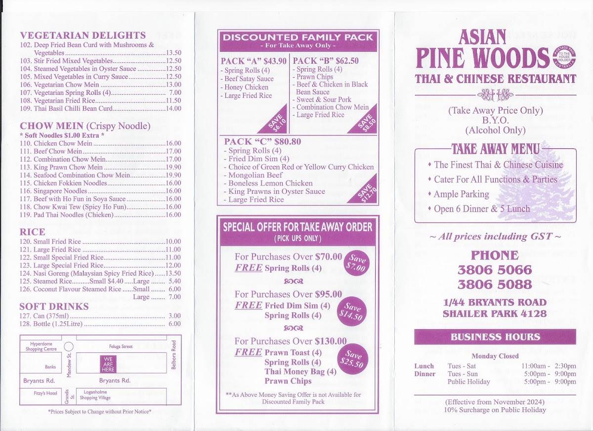 Menu at Pine Woods Asian Restaurant, Shailer Park