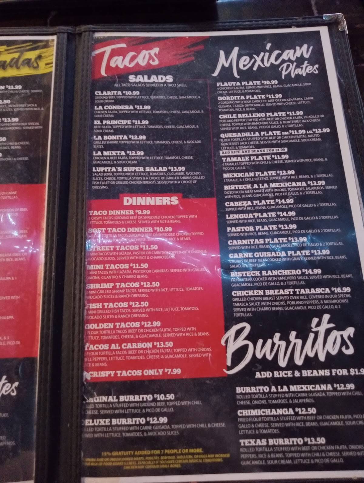 Menu at Pinto Bean restaurant, Edna