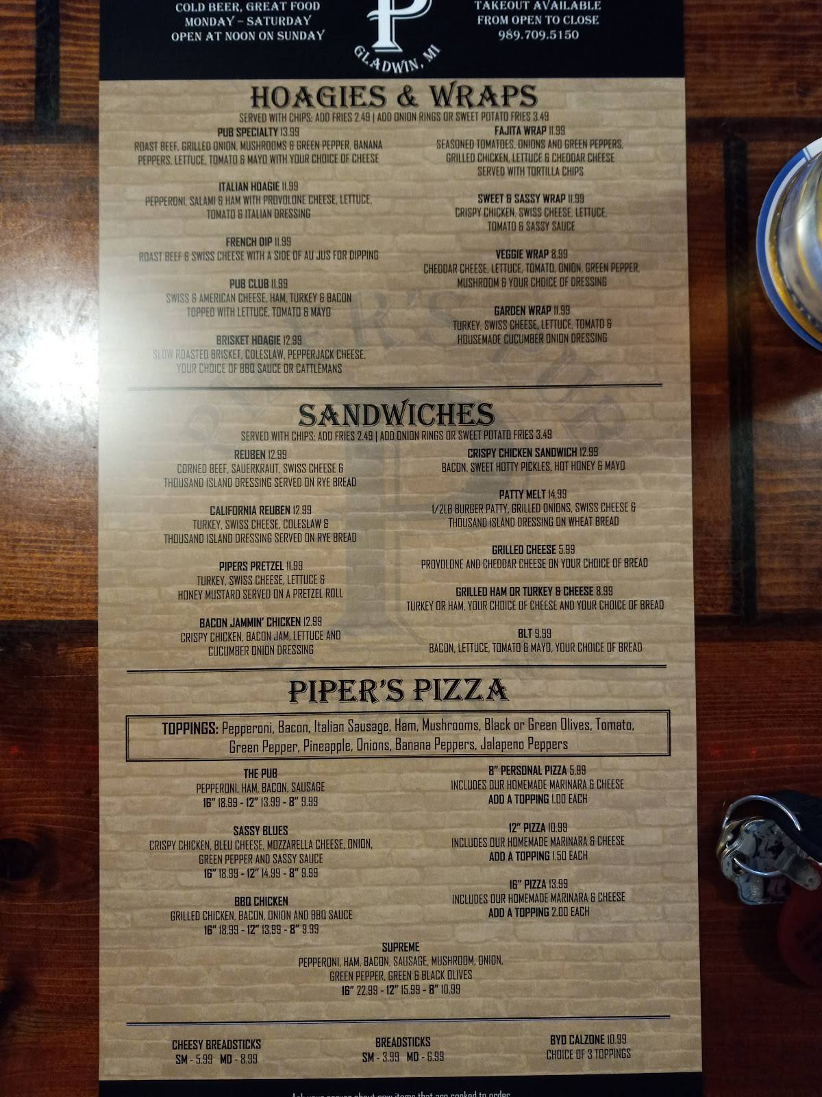 Menu at Piper's Pub, Gladwin