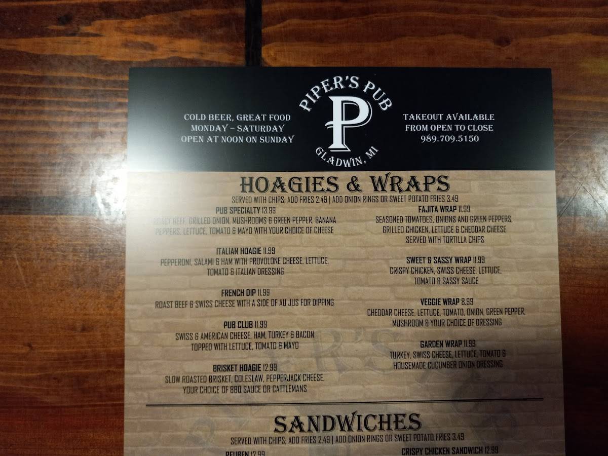 Menu at Piper's Pub, Gladwin