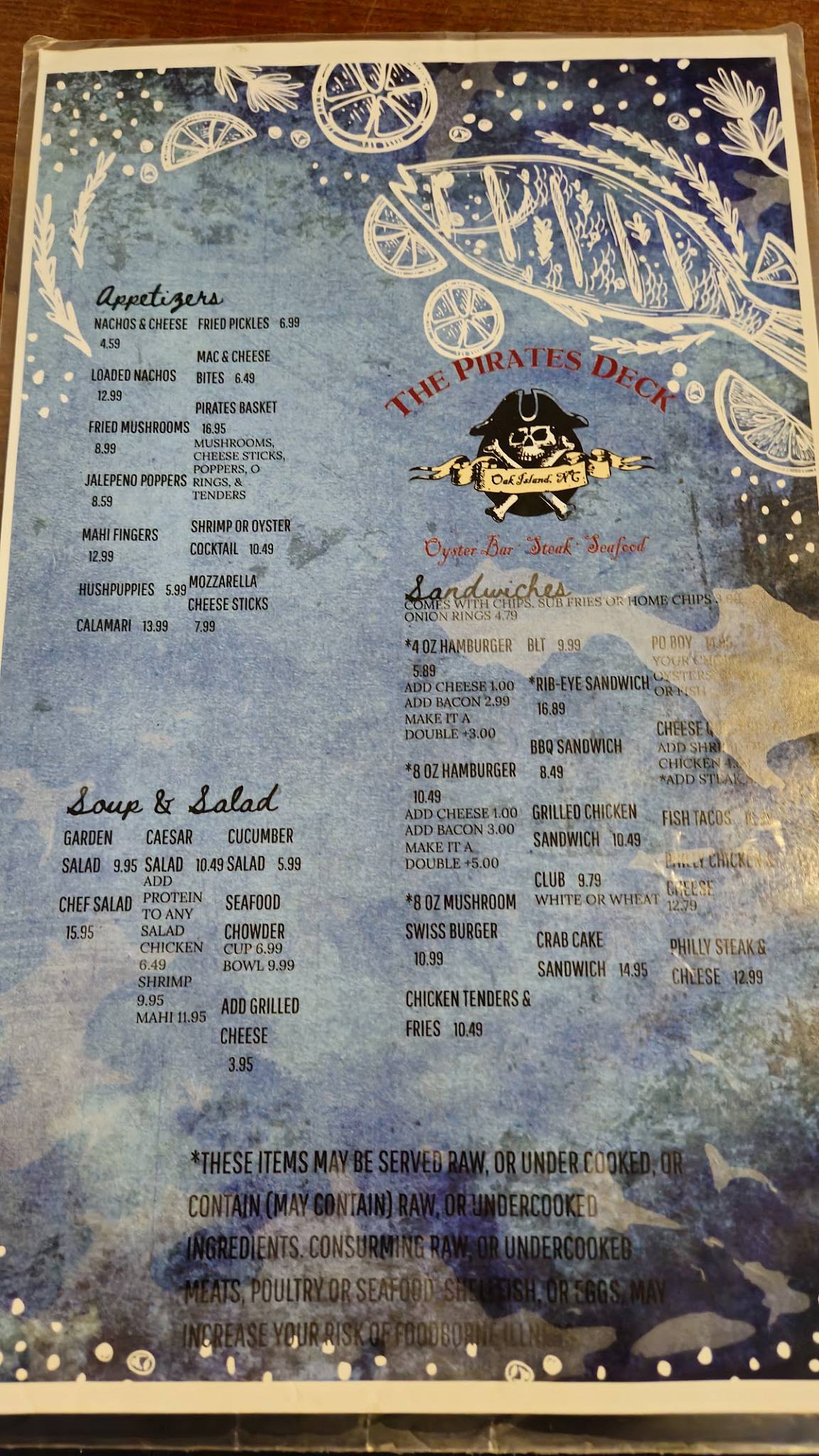 Menu at Pirates Deck pub & bar, Oak Island, E Oak Island Dr