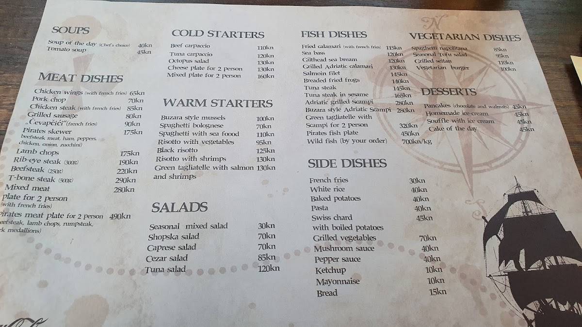 Menu au Pirates Kitchen restaurant, Omiš