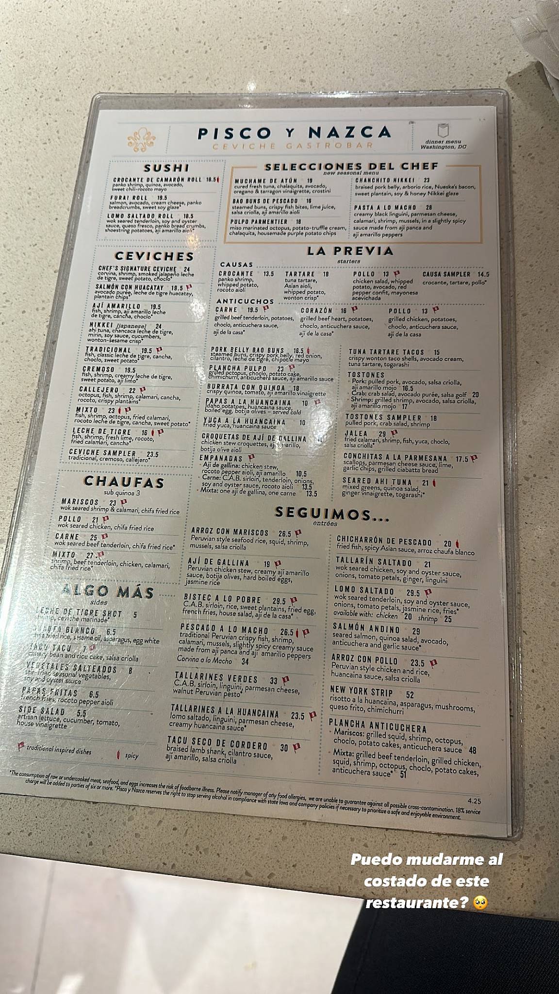 Menu at Pisco y Nazca Ceviche Gastrobar, Washington
