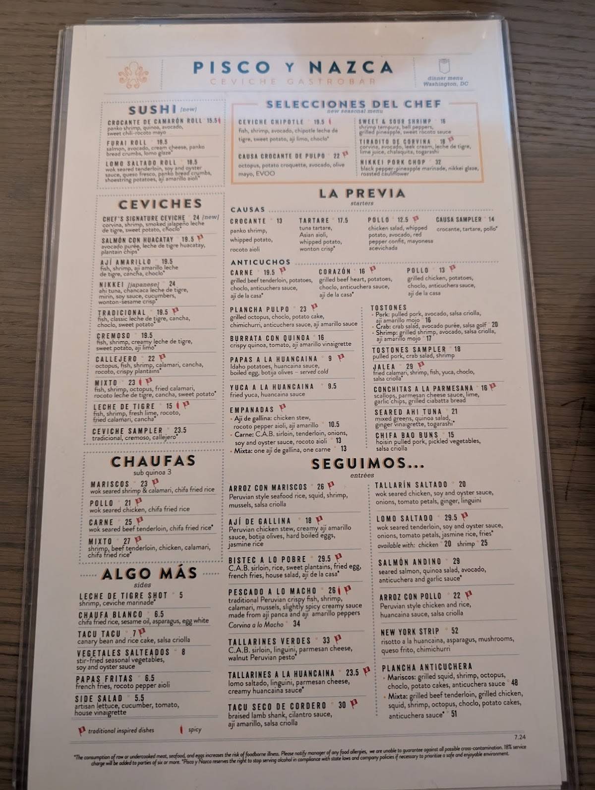Menu at Pisco y Nazca Ceviche Gastrobar, Washington