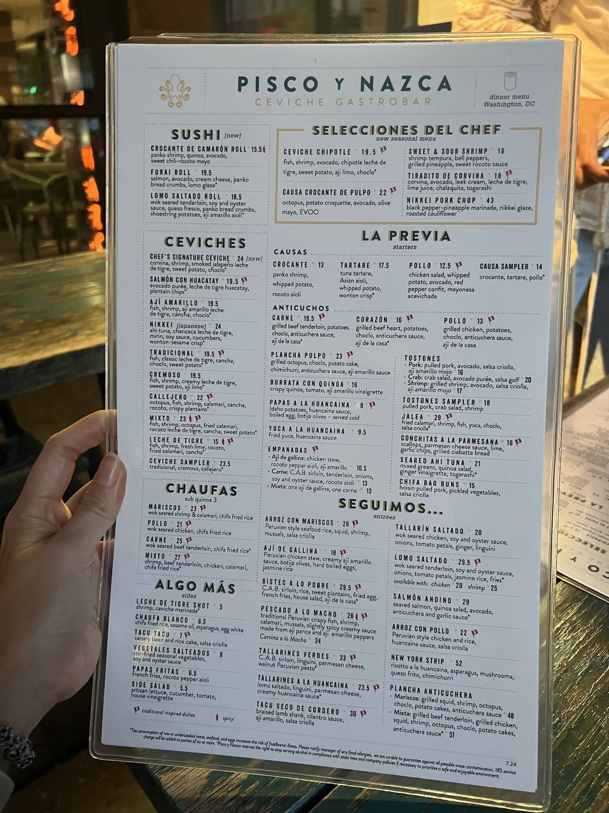 Menu at Pisco y Nazca Ceviche Gastrobar, Washington