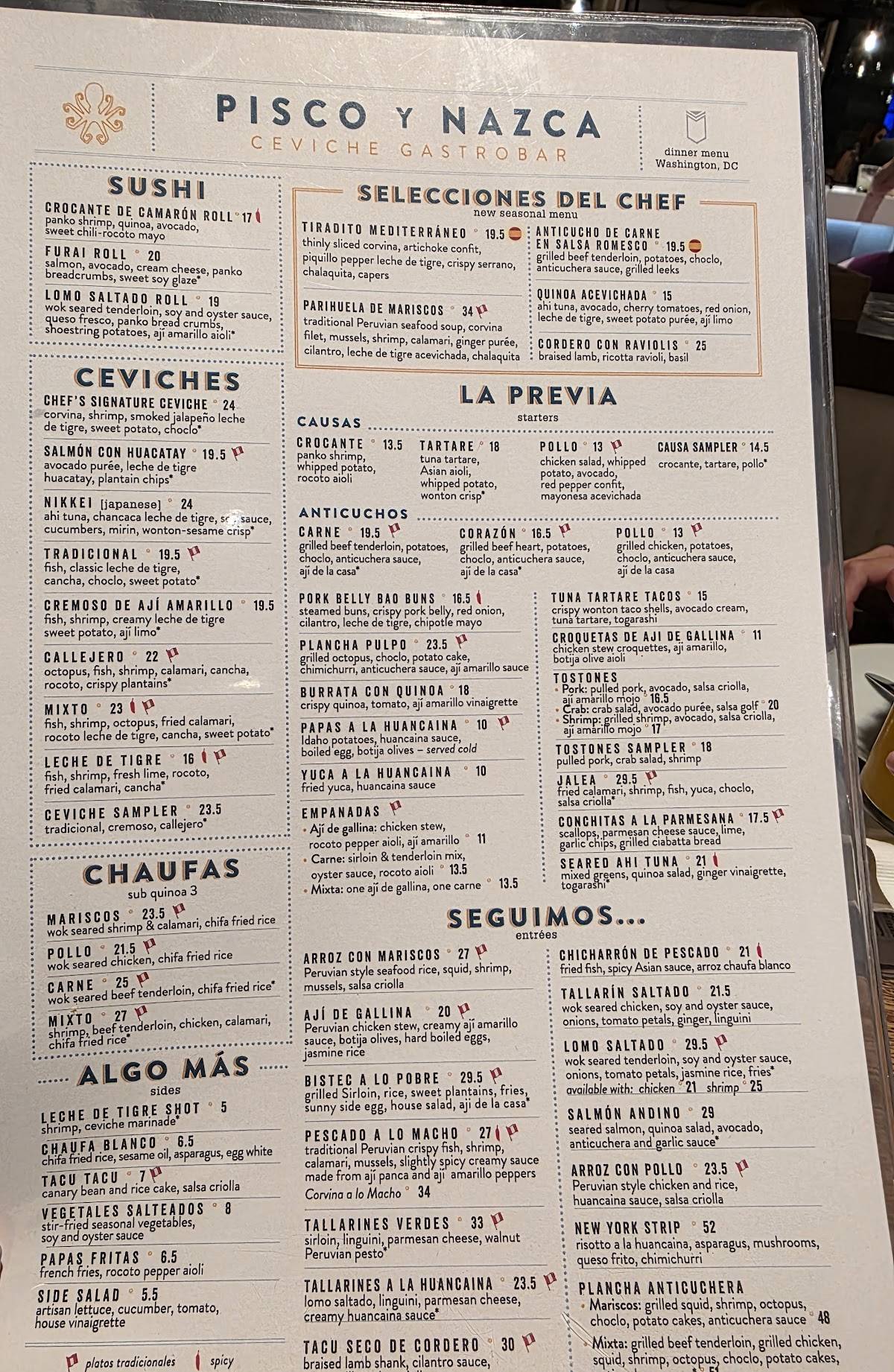 Menu at Pisco y Nazca Ceviche Gastrobar, Washington