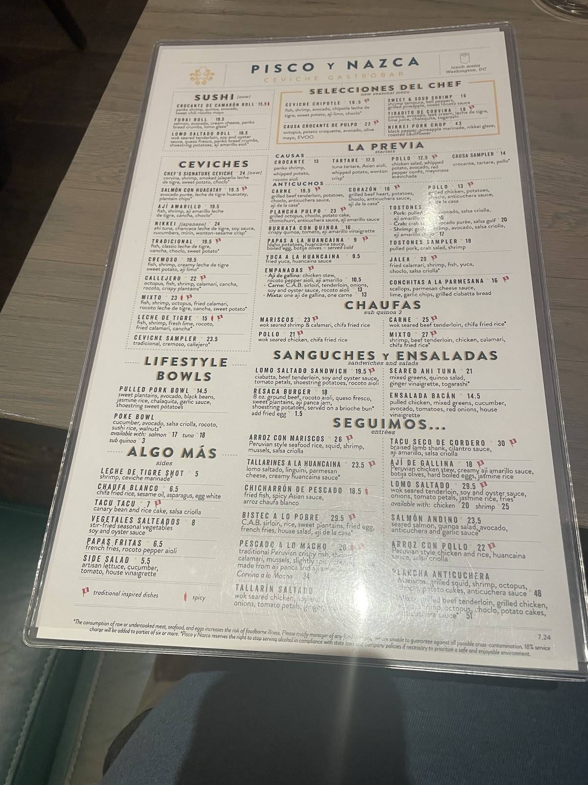 Menu at Pisco y Nazca Ceviche Gastrobar, Washington
